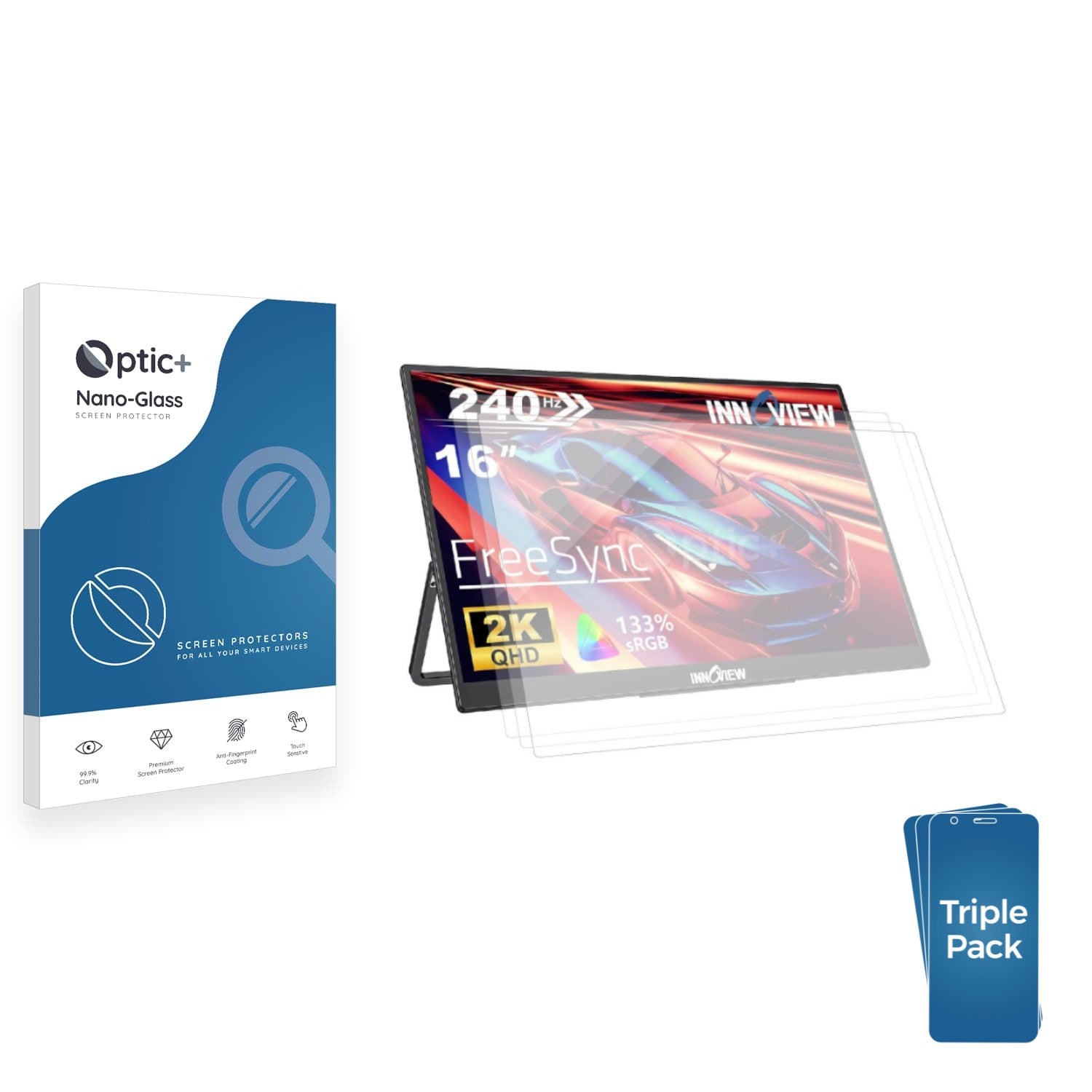 3pk Optic+ Nano Glass Screen Protectors for InnoView 16" Portable ...