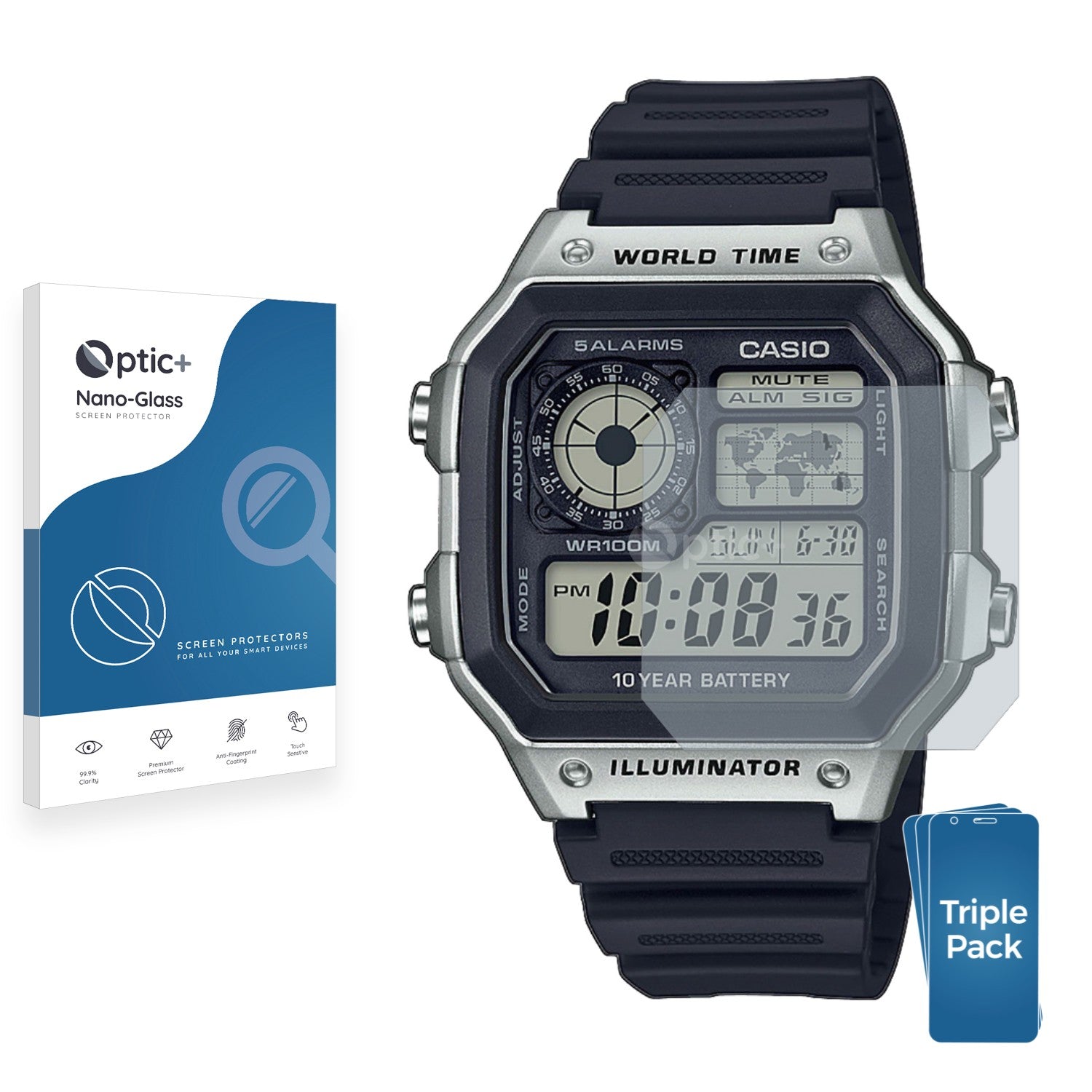 3pk Optic+ Nano Glass Screen Protectors for Casio AE-1200WH-1CVEF ...